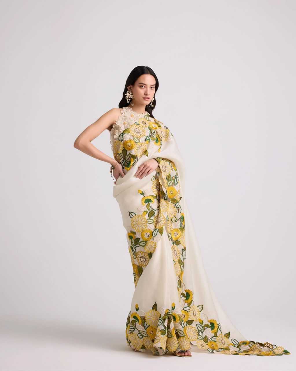 Classic White Soft Organza Saree With Embroidered Colourful Floral Thr ...